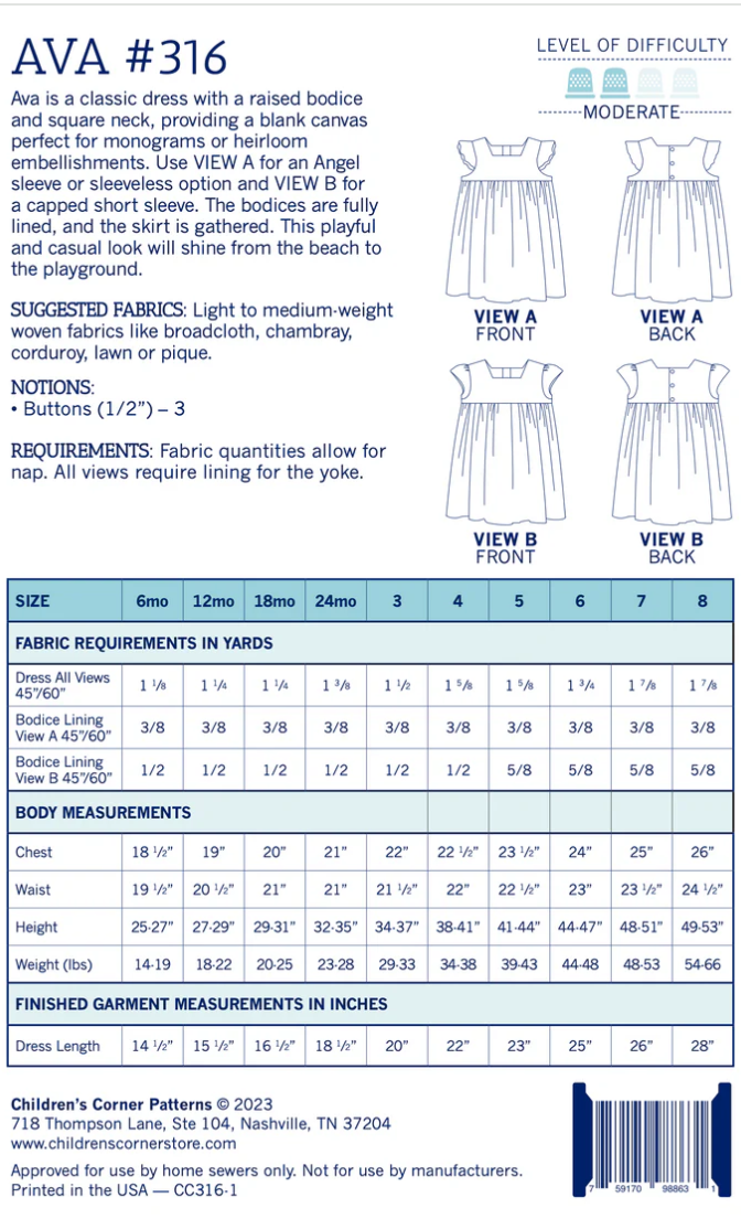 Ava Dress Sizes 6mo-8 by Children's Corner Patterns – Paradise Quilting